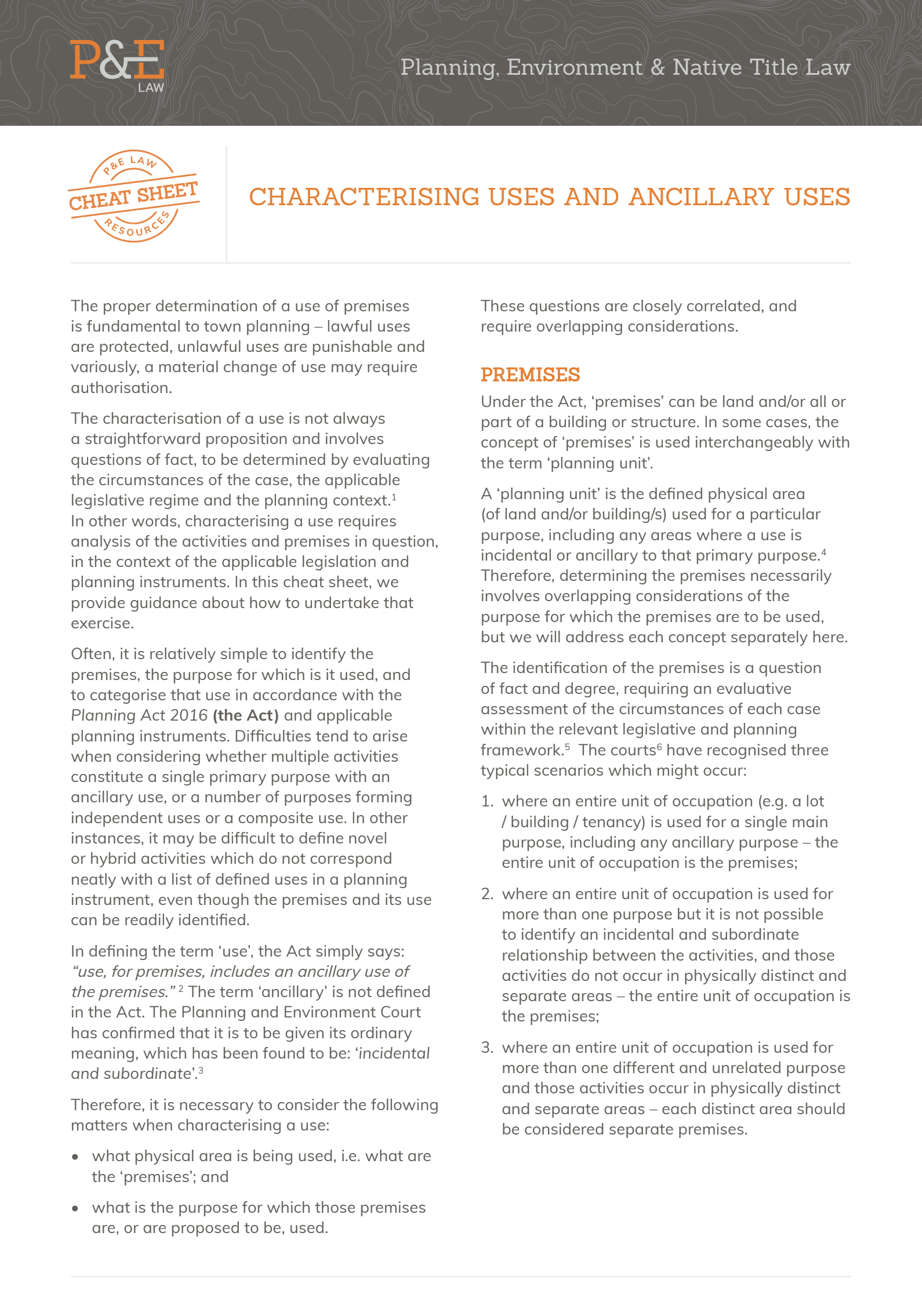 Characterising Uses and Ancillary Uses : Cheat Sheet - P&E Law